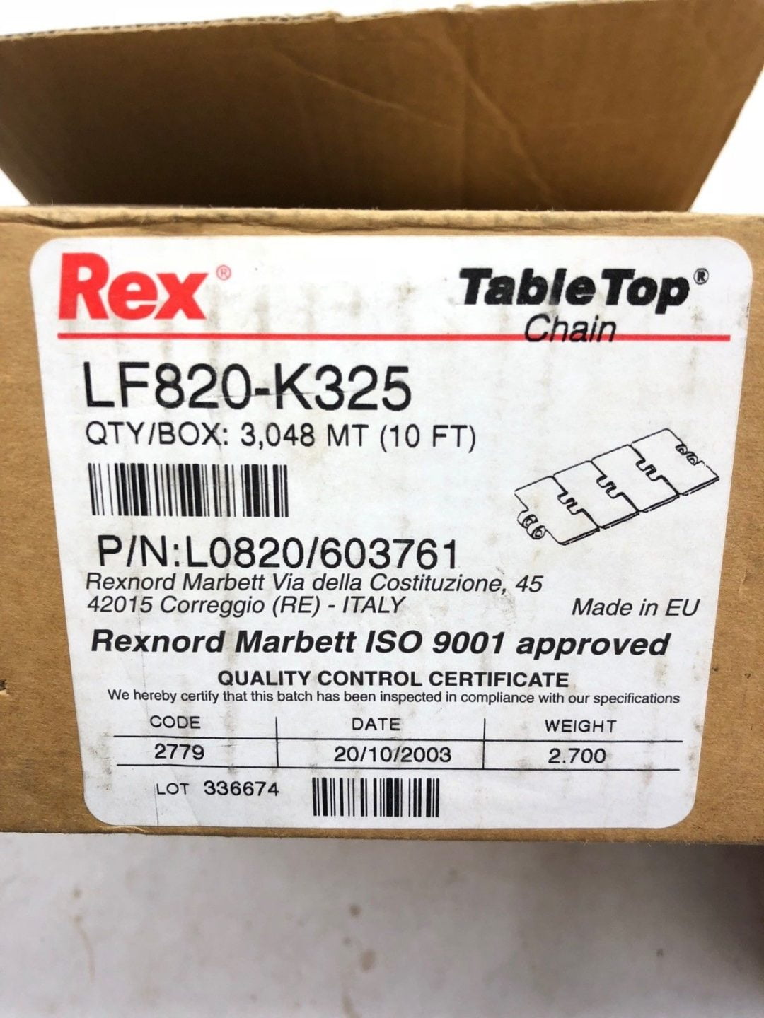 REXNORD TABLE TOP CHAIN LF820-K325 10 FT L0820/603761, (B446)