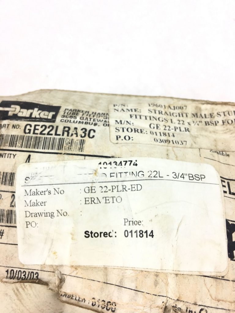 LOT OF 6 PARKER ERMETO ORIGINAL GE-22-PLR-ED FITTINGS, 22L, B359