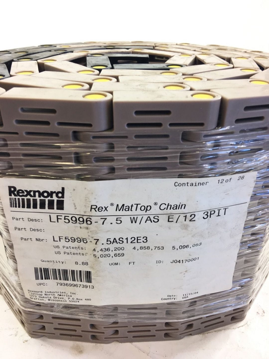 REXNORD LF5996-7.5 W/AS E/12 3PIT MAT TOP CHAIN, 8 FEET, (TLO)