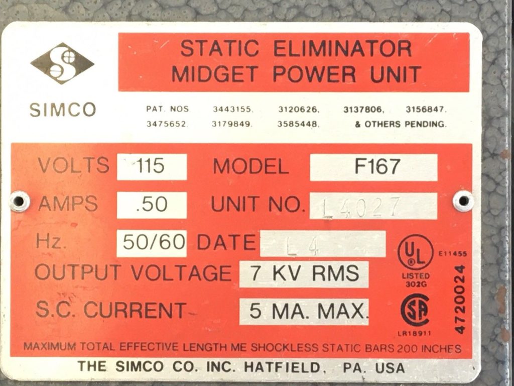 SIMCO STATIC ELIMINATOR F167 MIDGET POWER UNIT