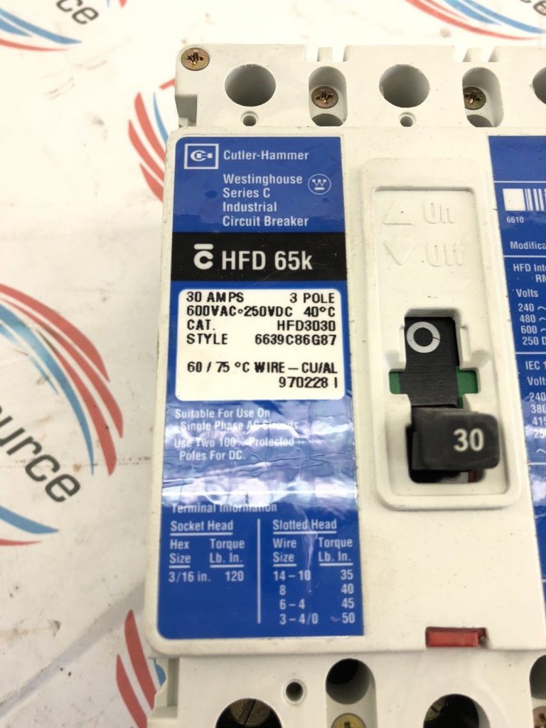 EATON CUTLER HAMMER HFD 65K HFD3030 CIRCUIT BREAKER 30 AMP 600 VAC 3 POLE
