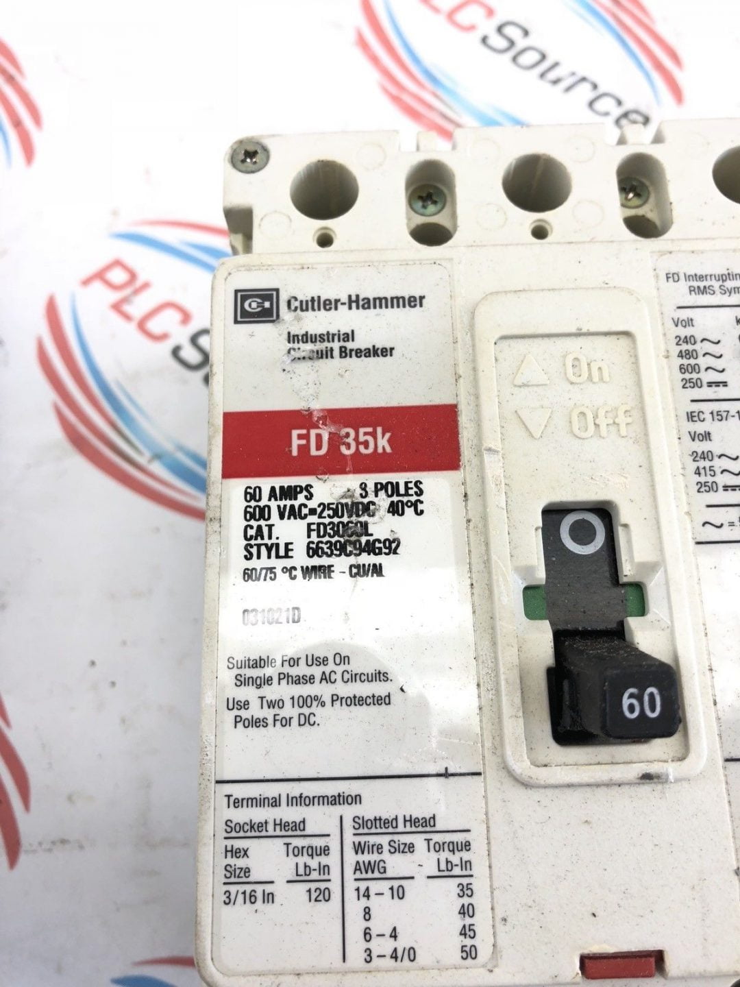 EATON CUTLER HAMMER FD 35K FD3060L 3 POLE 60 AMP CIRCUIT BREAKER 600 VAC