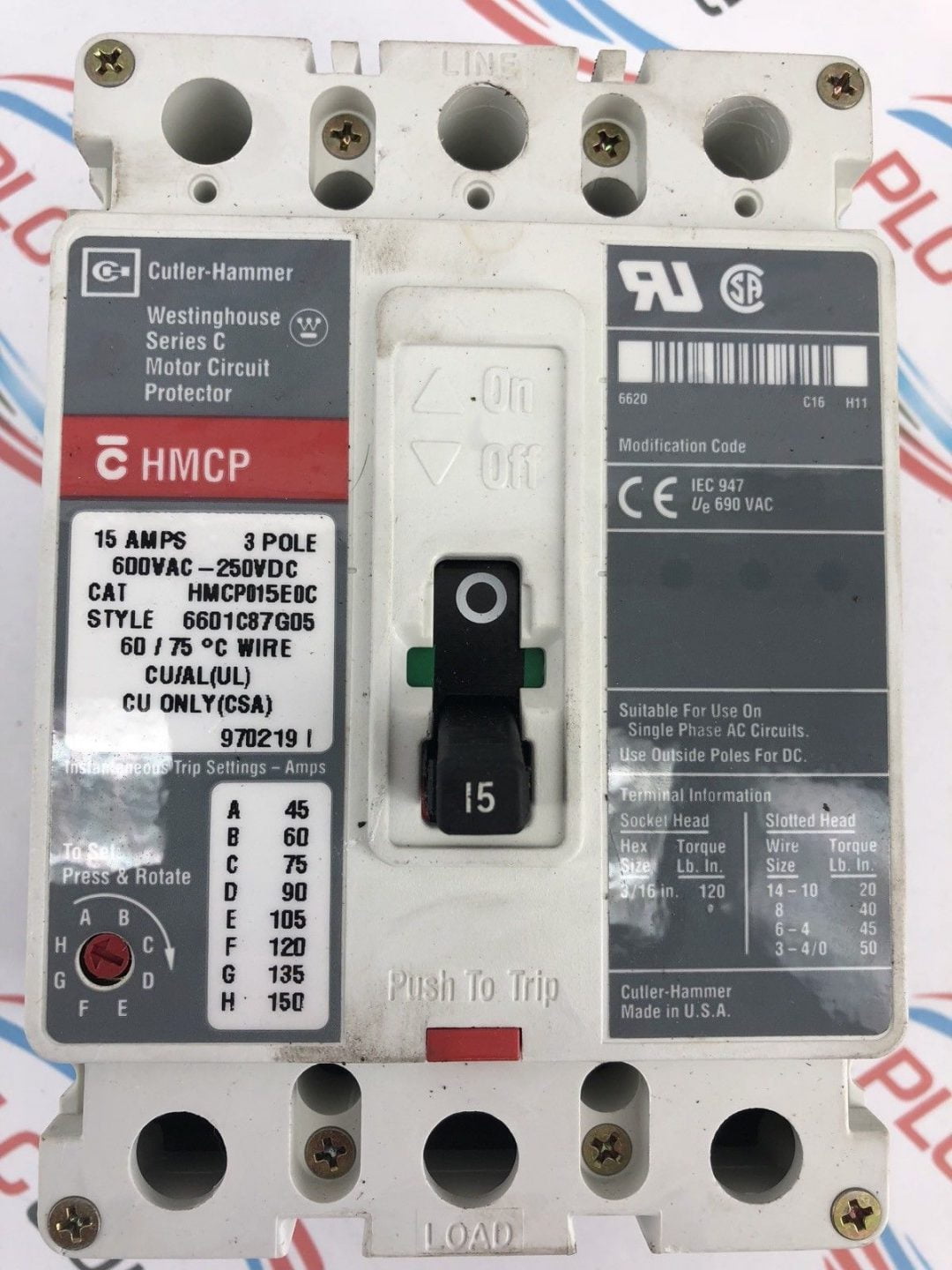 CUTLER HAMMER HMCP015E0C 15 AMP 3 POLE 600VAC SERIES C MOTOR CIRCUIT ...