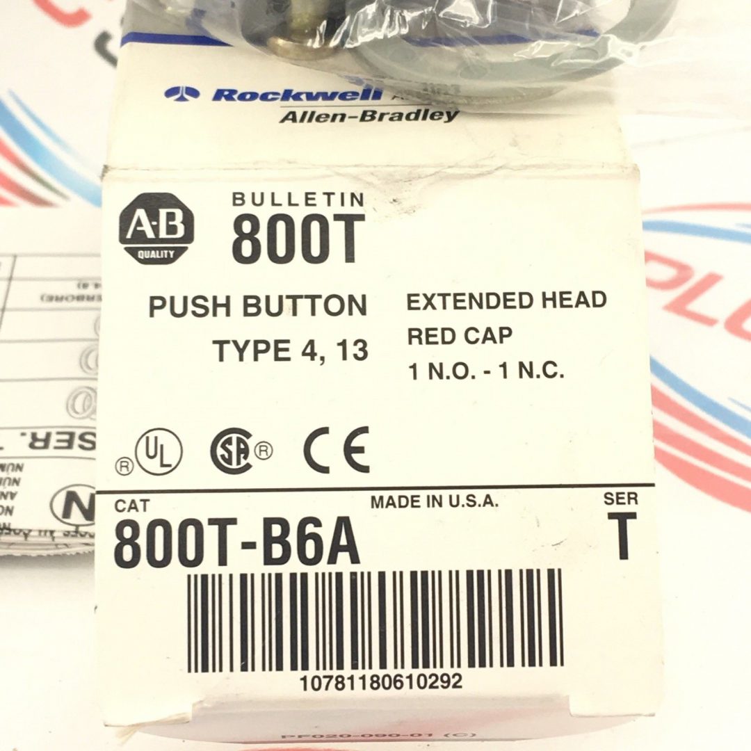 ALLEN BRADLEY 800T-B6A SERIES T RED EXTENDED HEAD PUSH BUTTON 1NO 1NC ...