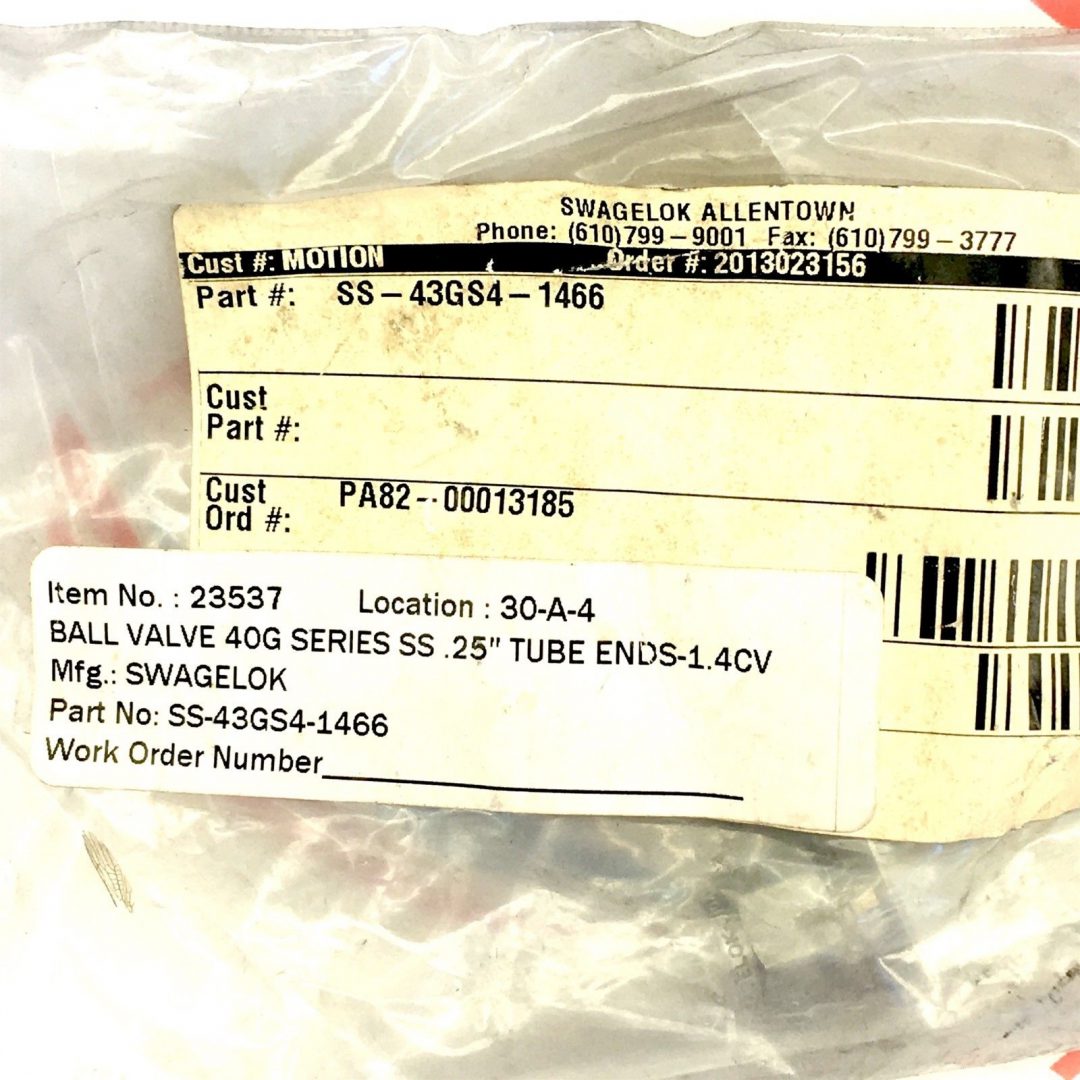 SWAGELOK SS-43GS4-1466 40G SERIES SS BALL VALVE 0.25" SS43GS41466