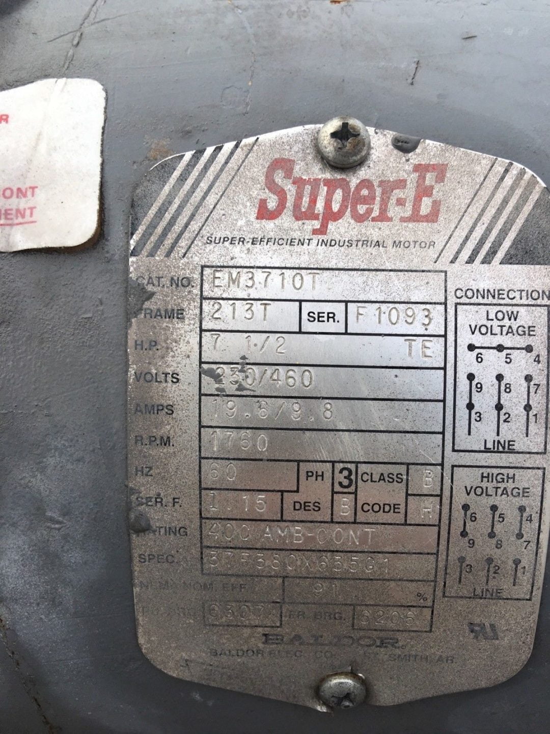 BALDOR SUPER E EM3710T 7.5 HP, 1760 RPM 3 PHASE ELECTRIC MOTOR, (CONNEX)