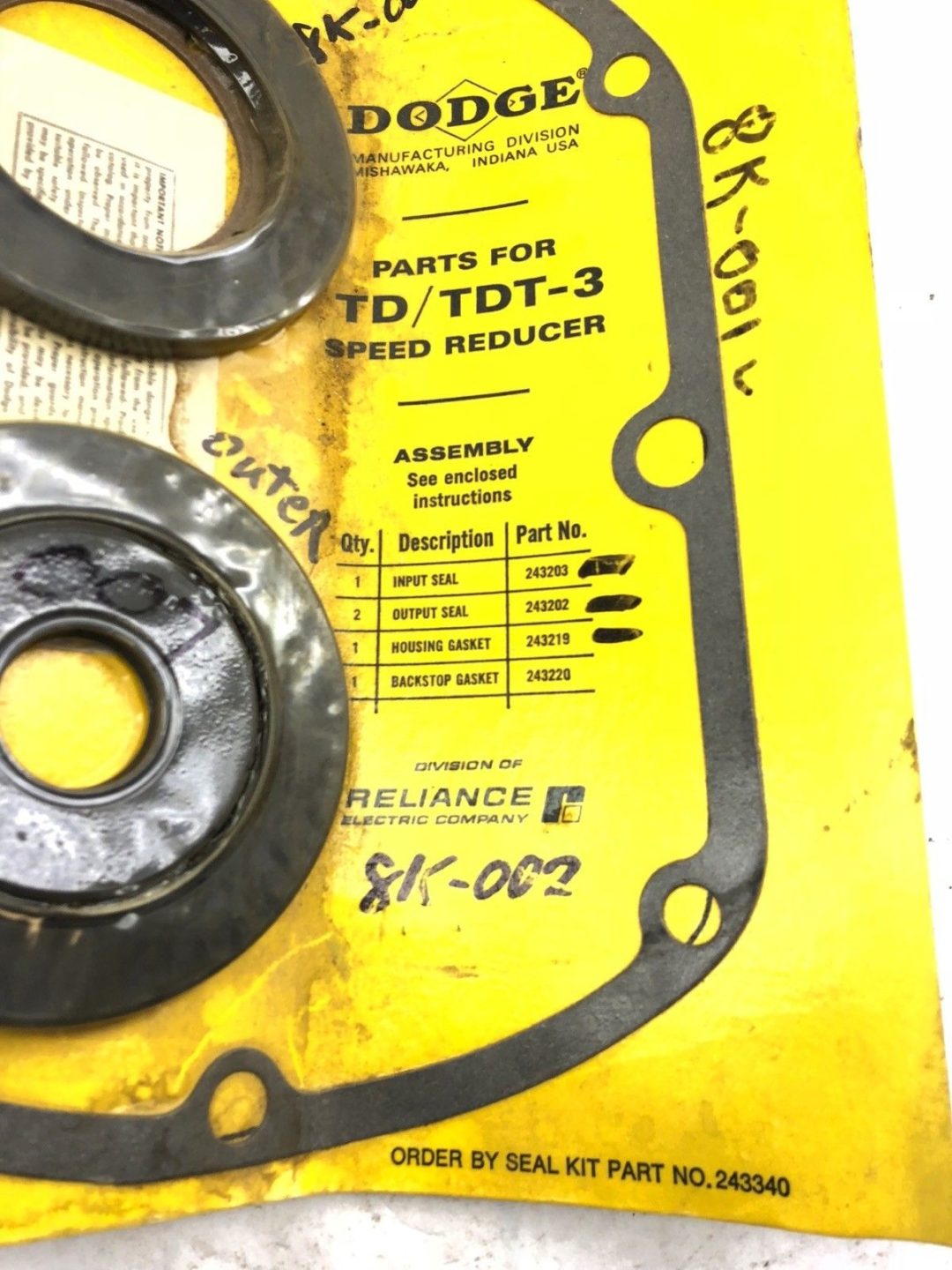 DODGE RELIANCE 243340 SEAL KIT, PARTS FOR TD/TDT-3 SPEED REDUCER, (B425)
